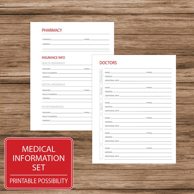 Medical Information Record Packet Printable in Red and Gray - Etsy