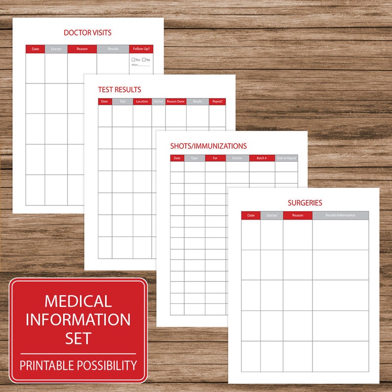 Medical Information Record Packet Printable in Red and Gray - Etsy