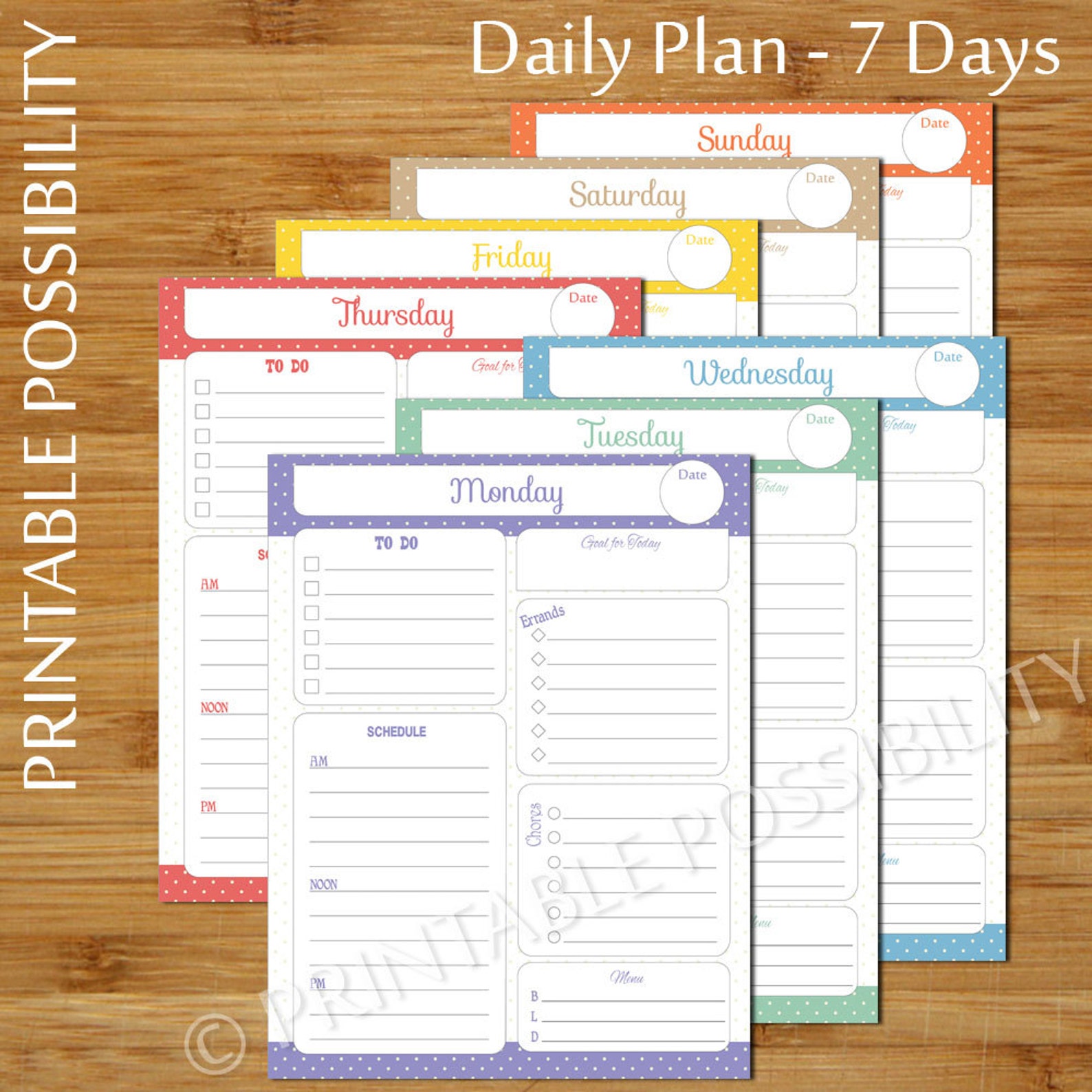 7 Printable Daily Planner Pages Colorful Daily to Do List - Etsy
