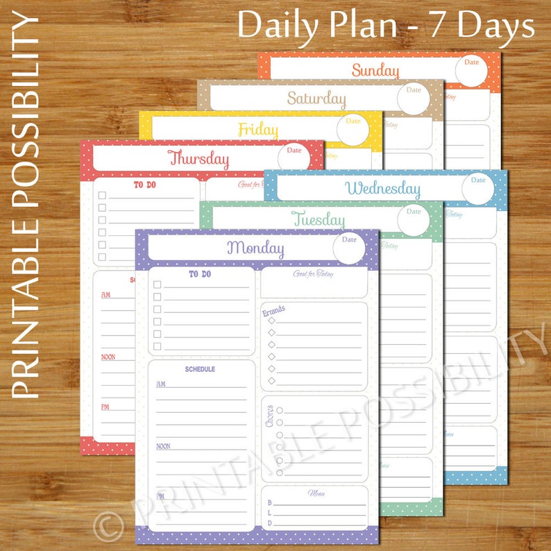 7 Printable Daily Planner Pages Colorful Daily To Do List | Etsy