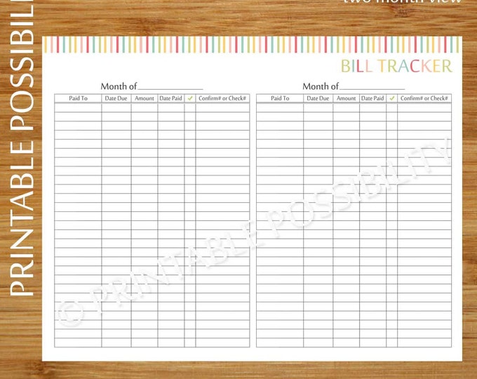 Bill Tracking Form Printable Bill Tracker Two Month View Designed for 8 ...