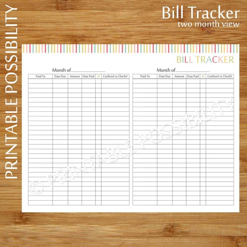 Bill Tracking Form Printable Bill Tracker Two Month View Designed for 8 ...