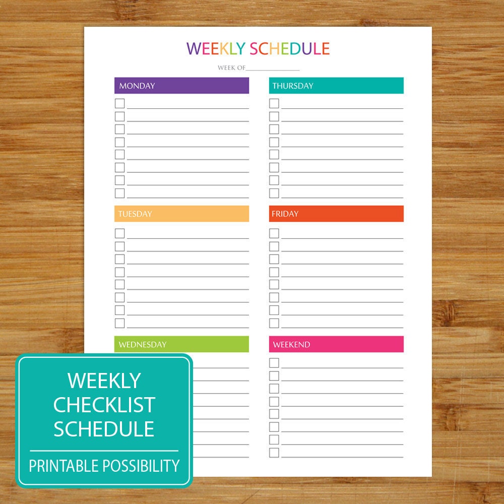 Weekly to Do List Schedule Printable Weekly Checklist Brights Colorful ...