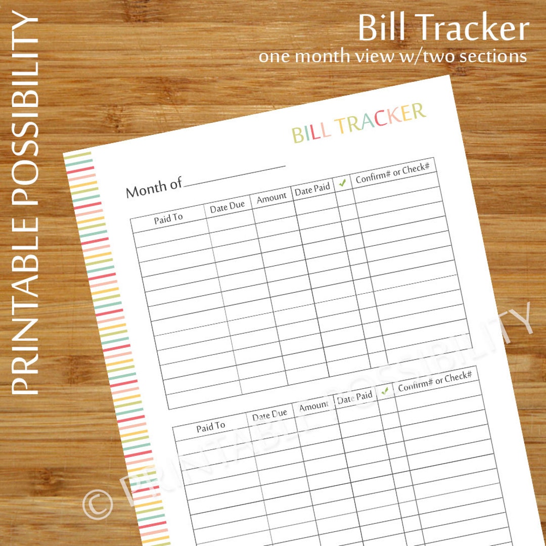 Bill Tracking Form Printable Bill Tracker One Month View - Etsy