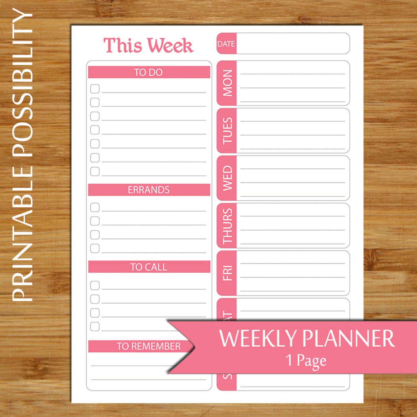 Printable Weekly Planner Page in Pink Week at A Glance Planner in Pink ...