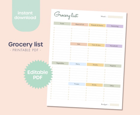 Editable Grocery List Printable Digital Download Meal | Etsy