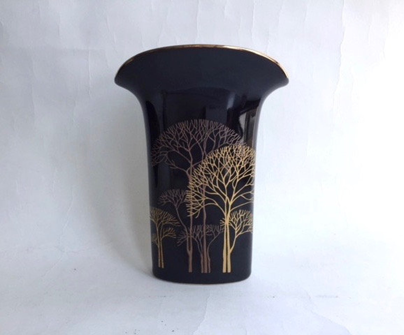 Marvelous Japanese Black Ceramic Vase with Gold Trees | Etsy
