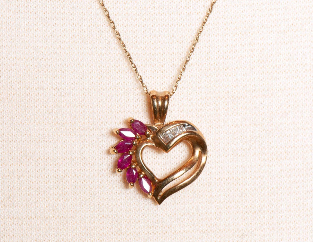 Vintage 10kt Heart-shaped Ruby and Diamond Pendant and Necklace by Leer ...