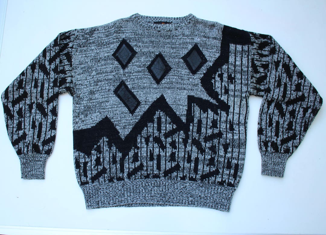 Vintage 80s Sweater - Black & White Abstract Color Block / Women's ...