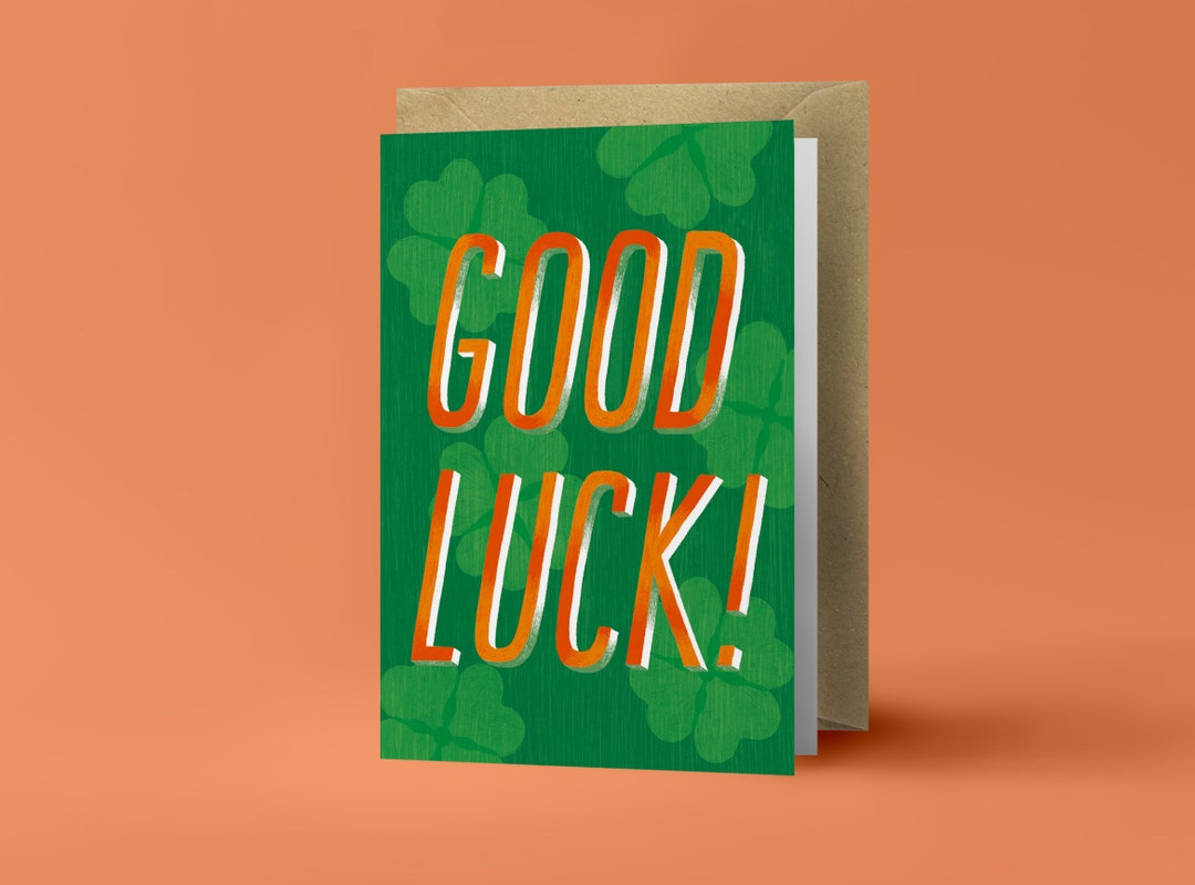 Good Luck! - Orange Typography on Green Clovers - Folded Greeting Card ...
