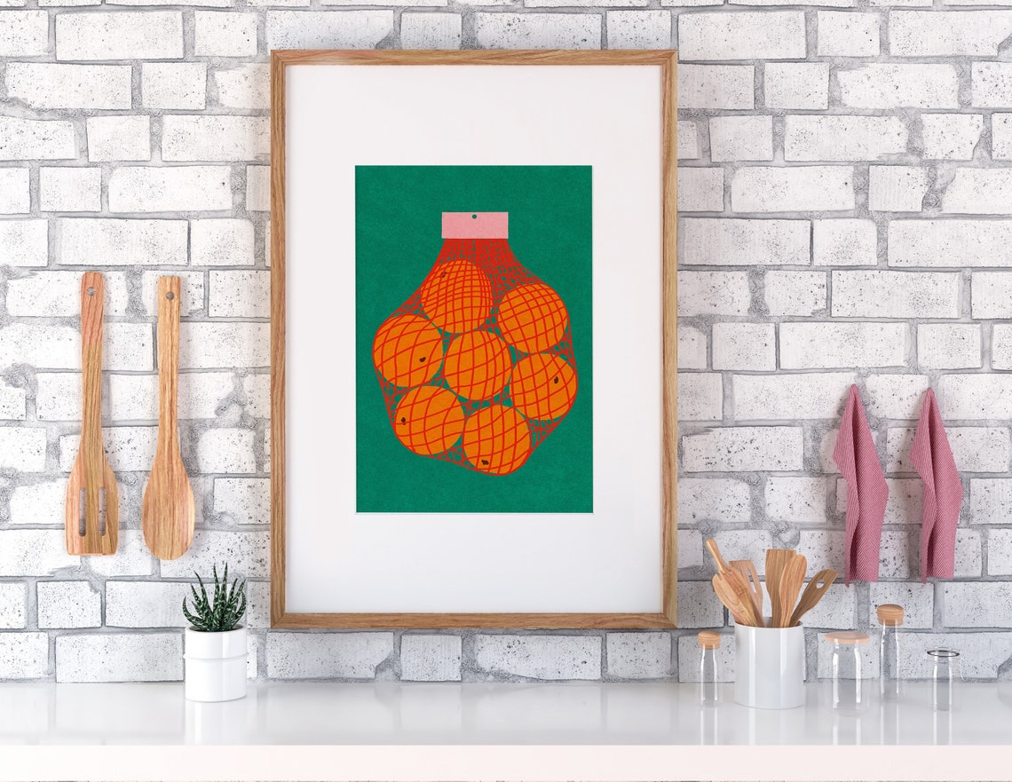 Art Print Oranges 21x30 - Colorful Orange Net - Illustrated Fruit ...