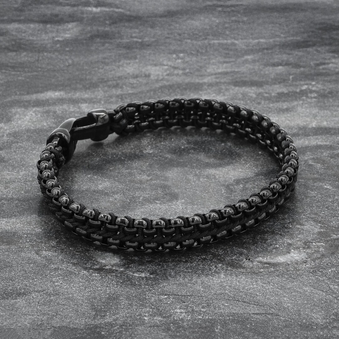 Men’s Black Woven Double Layer Black Box Chain Bracelet, Custom Made ...