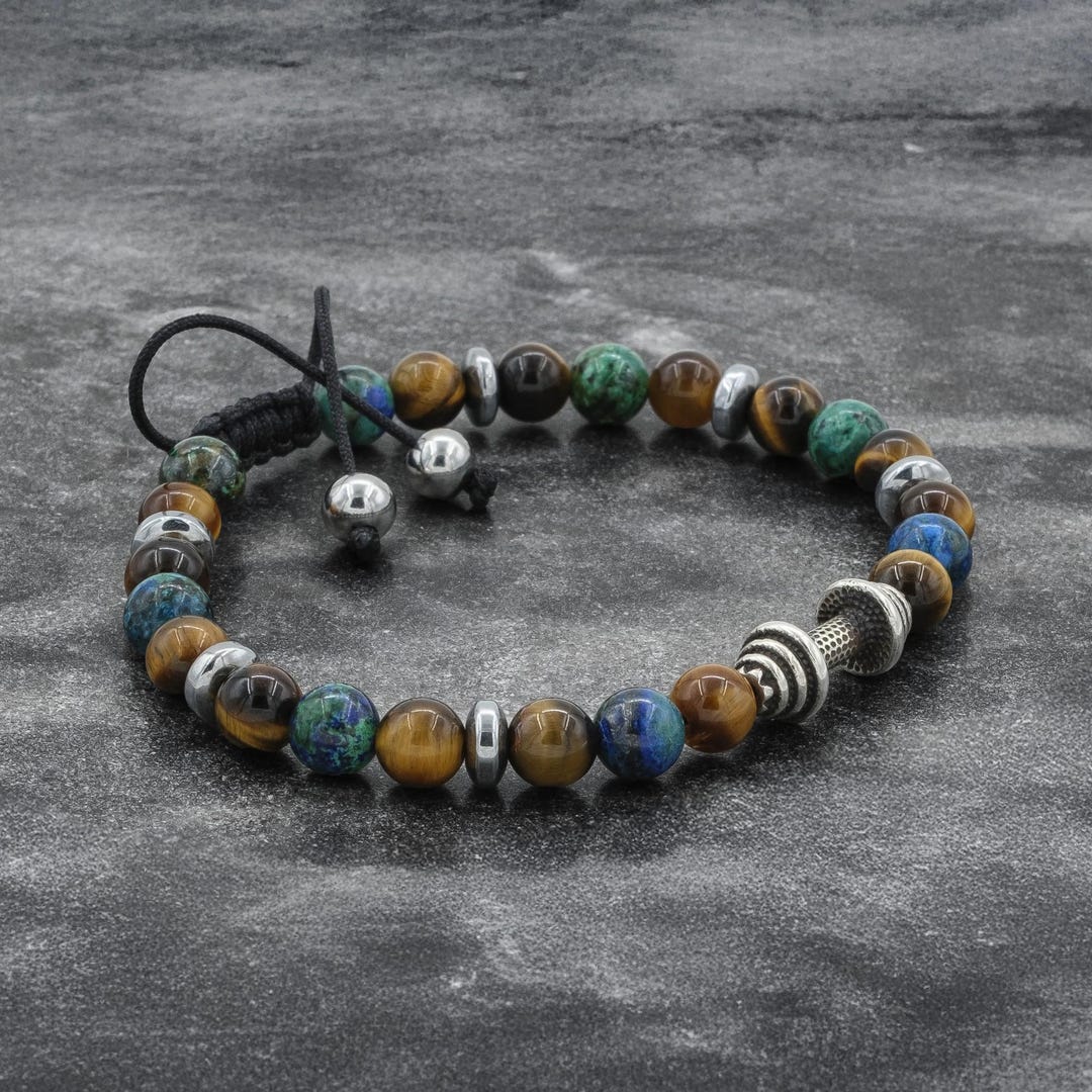 Tiger Eye and Azurite Beaded Barbell Bracelet Mens Barbell Bracelet ...