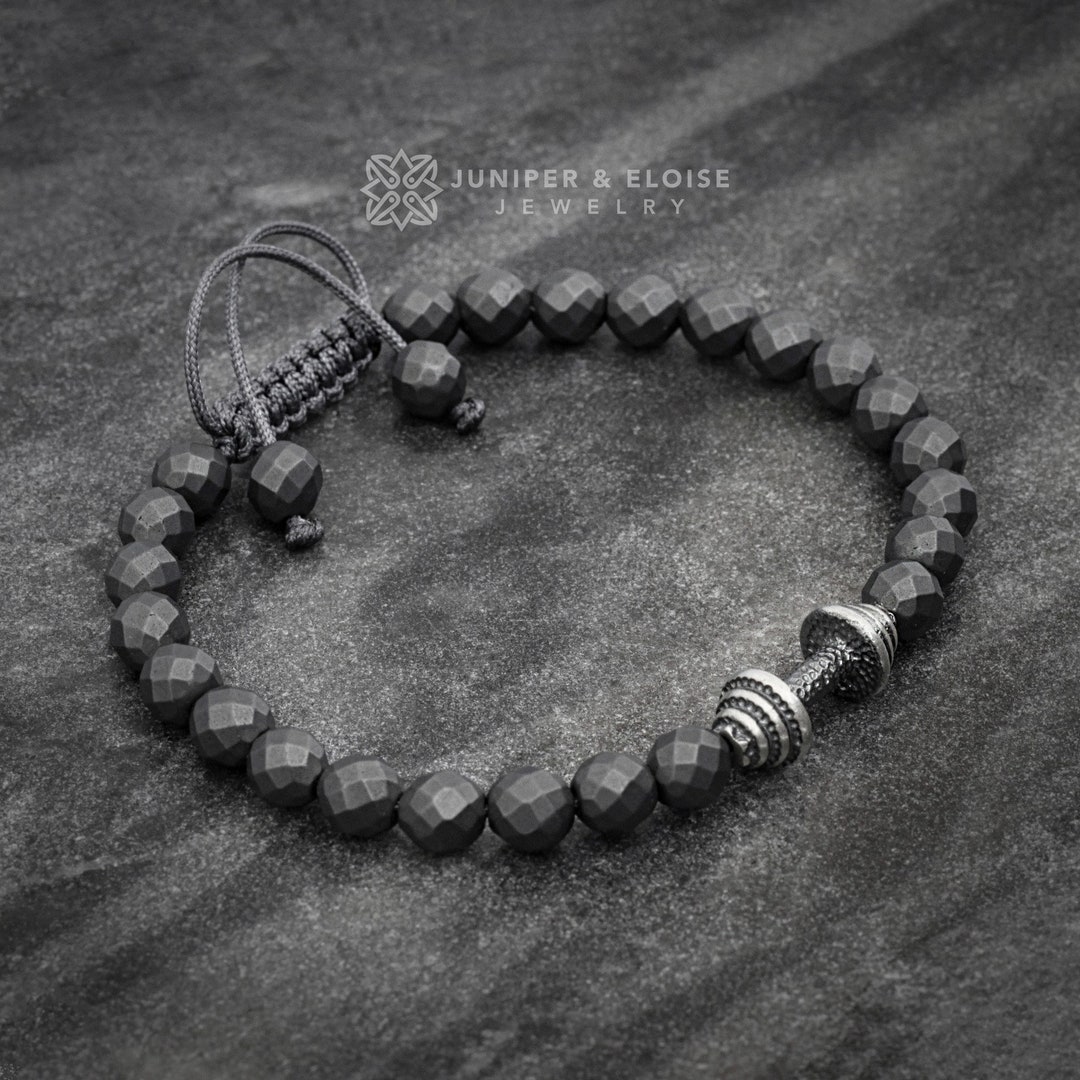 Mens Barbell Bracelet, 925 Silver Dumbbell Charm, Faceted Hematite ...