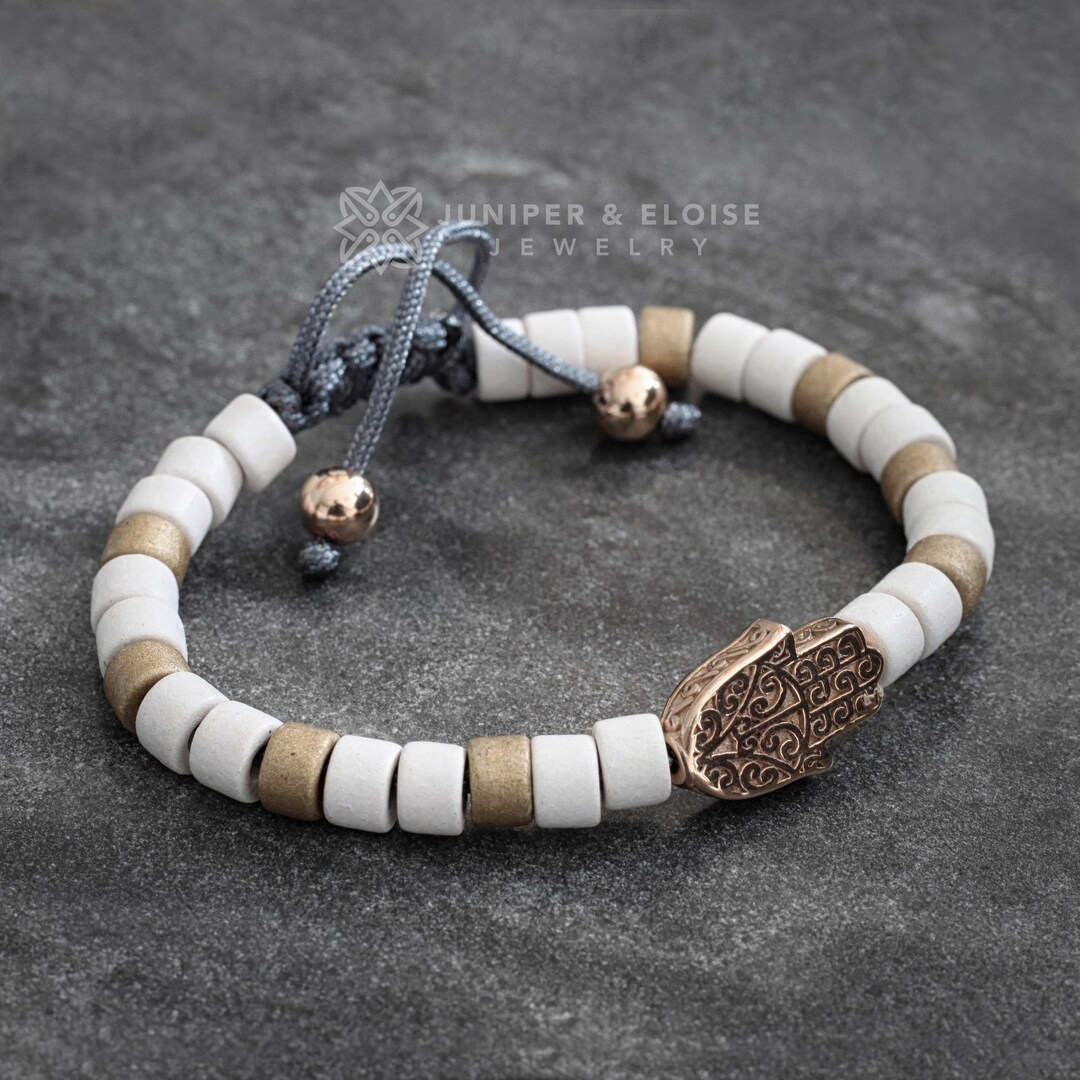 Womens Hamsa Bracelet, Rose Gold Hamsa Beaded Bracelet, White Ceramic ...