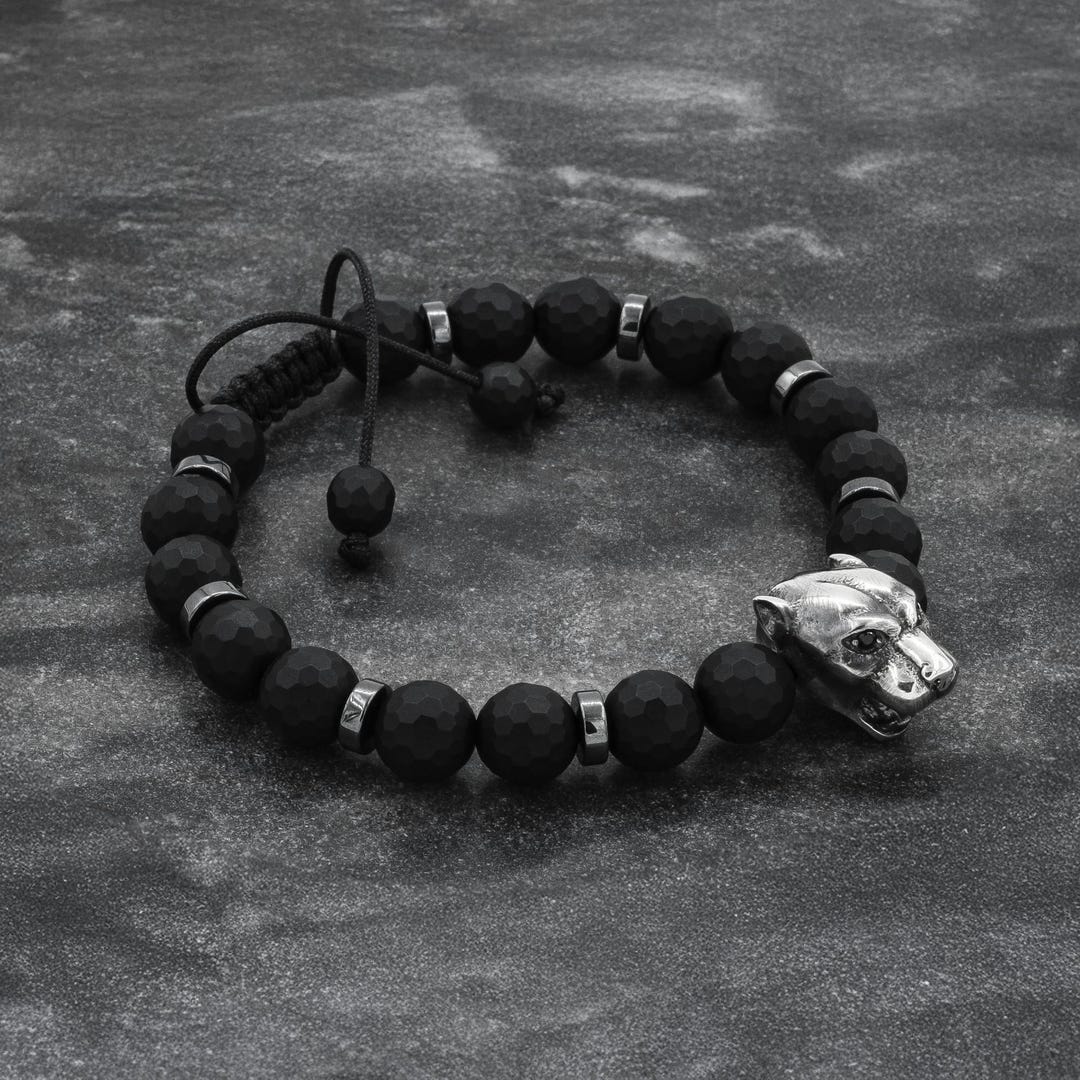 Mens Bracelet Panther Bracelet With Matte Onyx Beads Bracelet, 925 ...