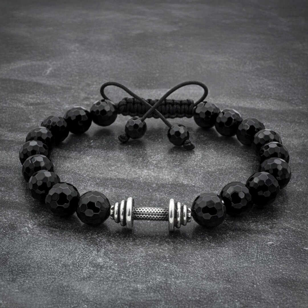 Mens Onyx Barbell Bracelet, 925 Silver Dumbbell, Adjustable Cord - Etsy