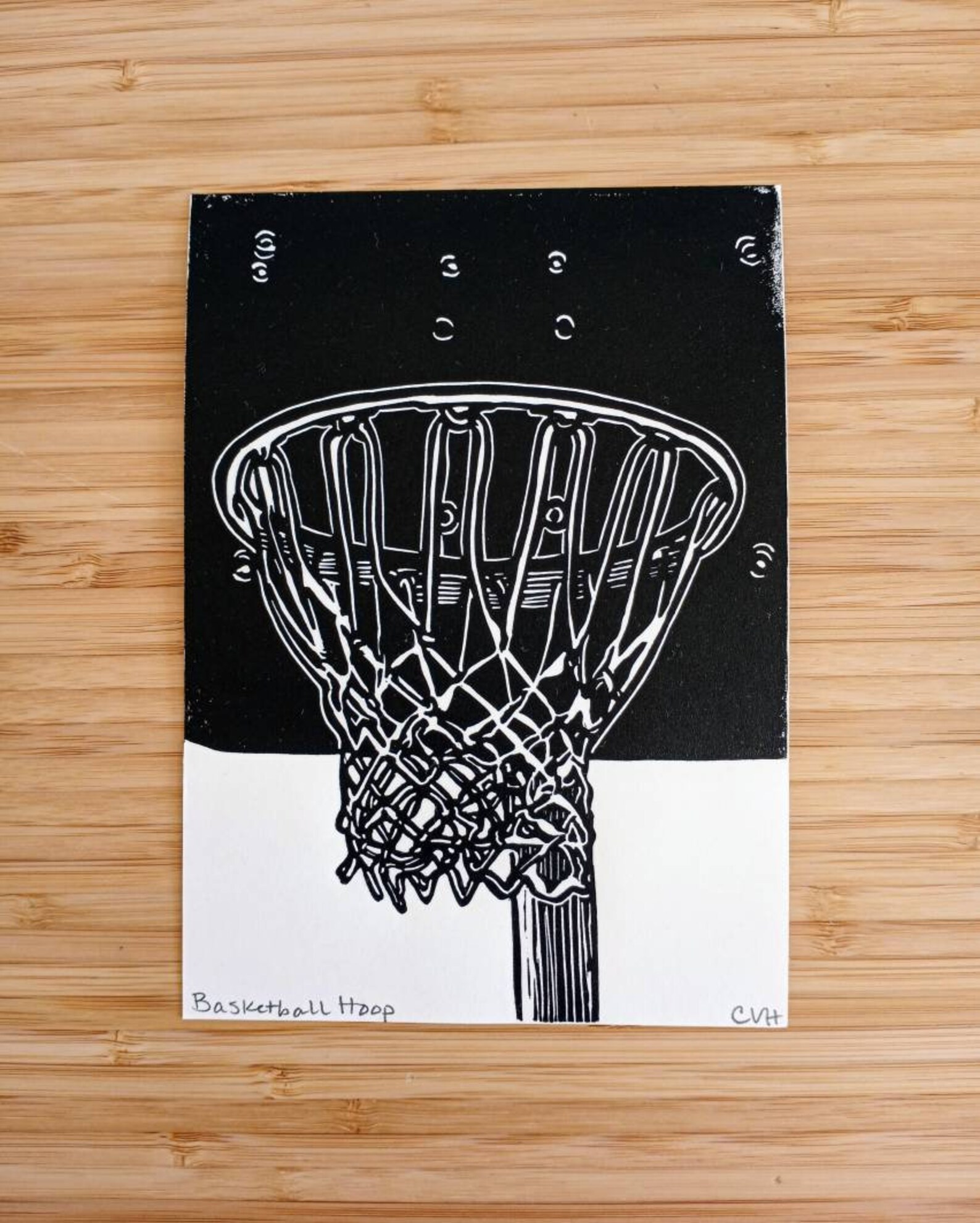 Basketball Hoop original 5x7 linocut print unframed on soft | Etsy