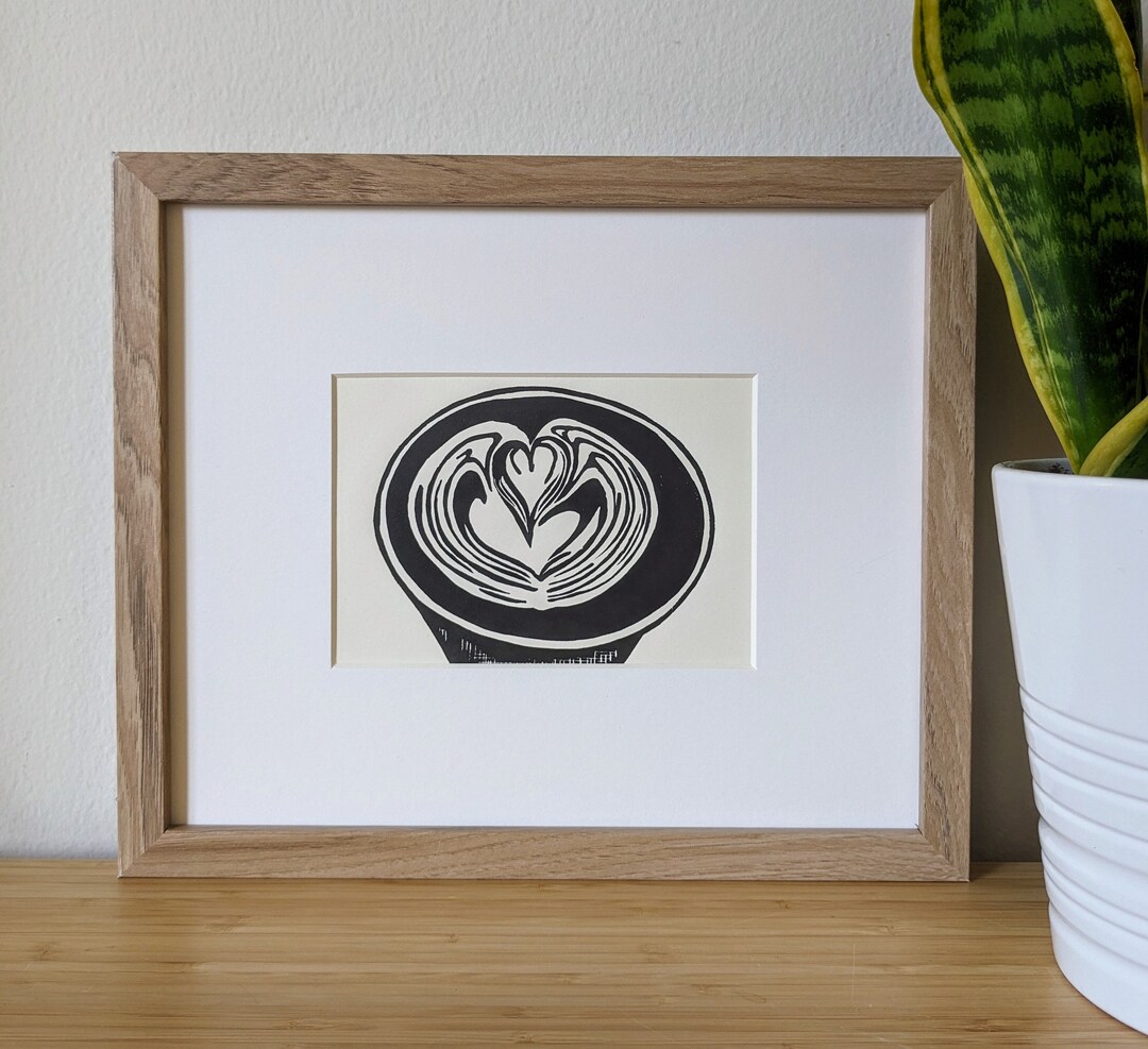 Latte Original Handmade 5x7 Linocut Print, Black Ink on Cream Cardstock ...