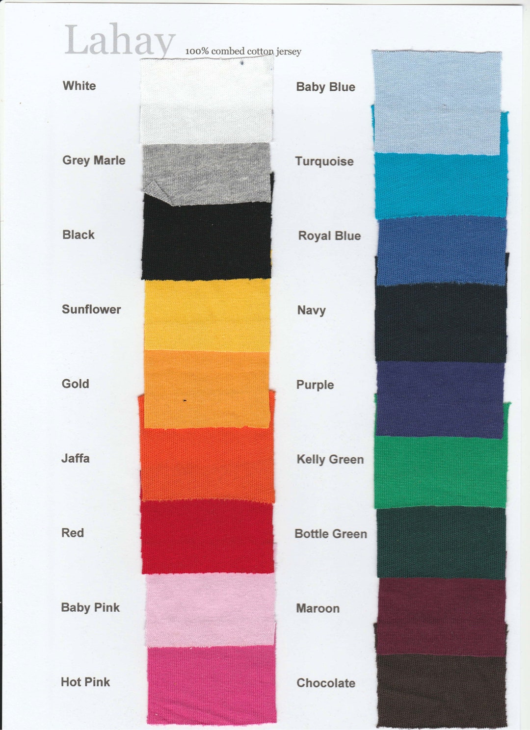 Jersey Colour Chart - Etsy