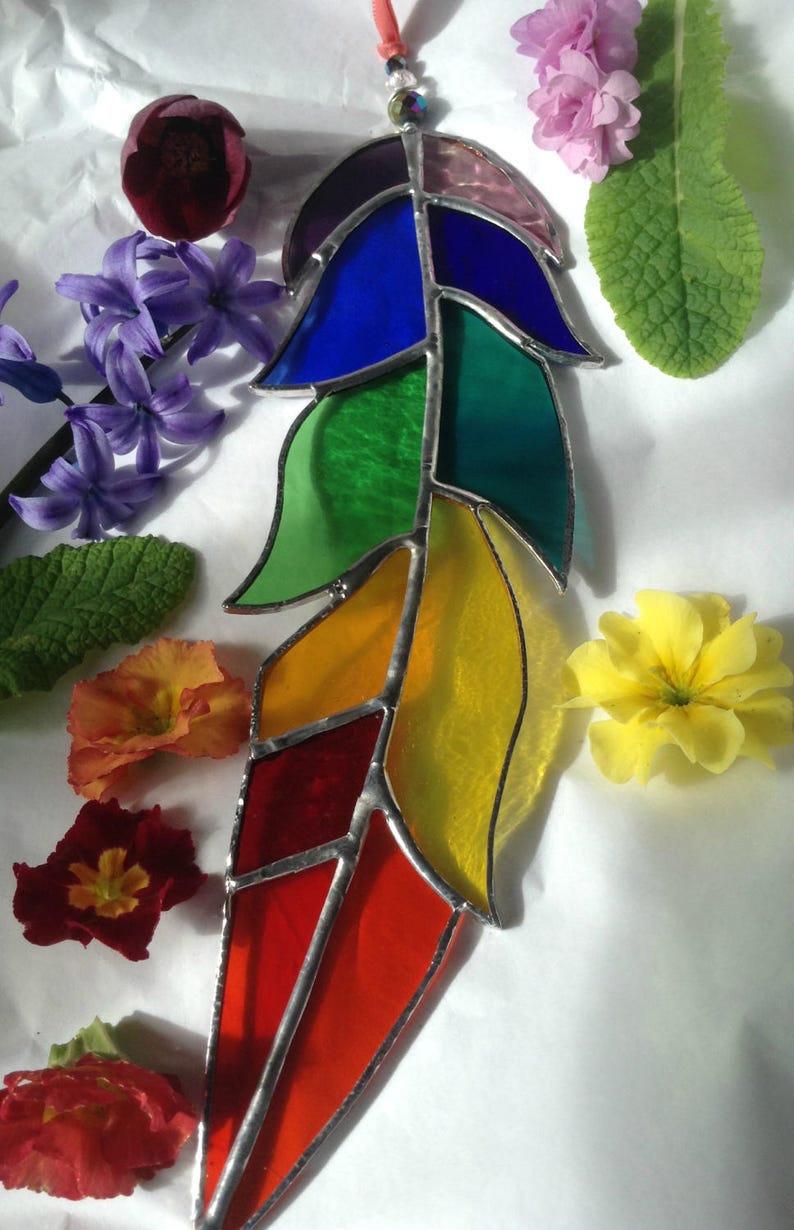Stained Glass Feather Sun Catcher: Rainbow Chakra Window Art - Etsy