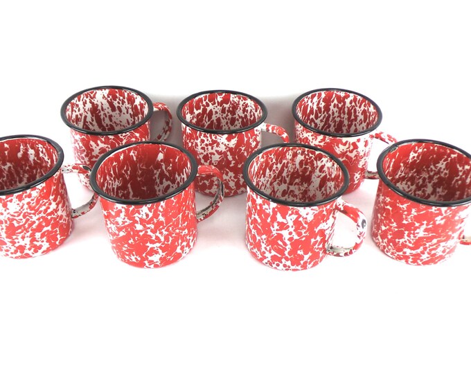 8 Spatterware Mugs, Enamelware, Coffee Cups, Camping Equipment, Vintage ...