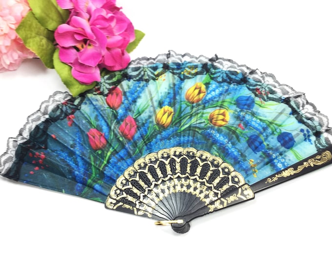 Vintage Blue Tulip Floral Spanish Folding Fan for Weddings, Dress Up ...
