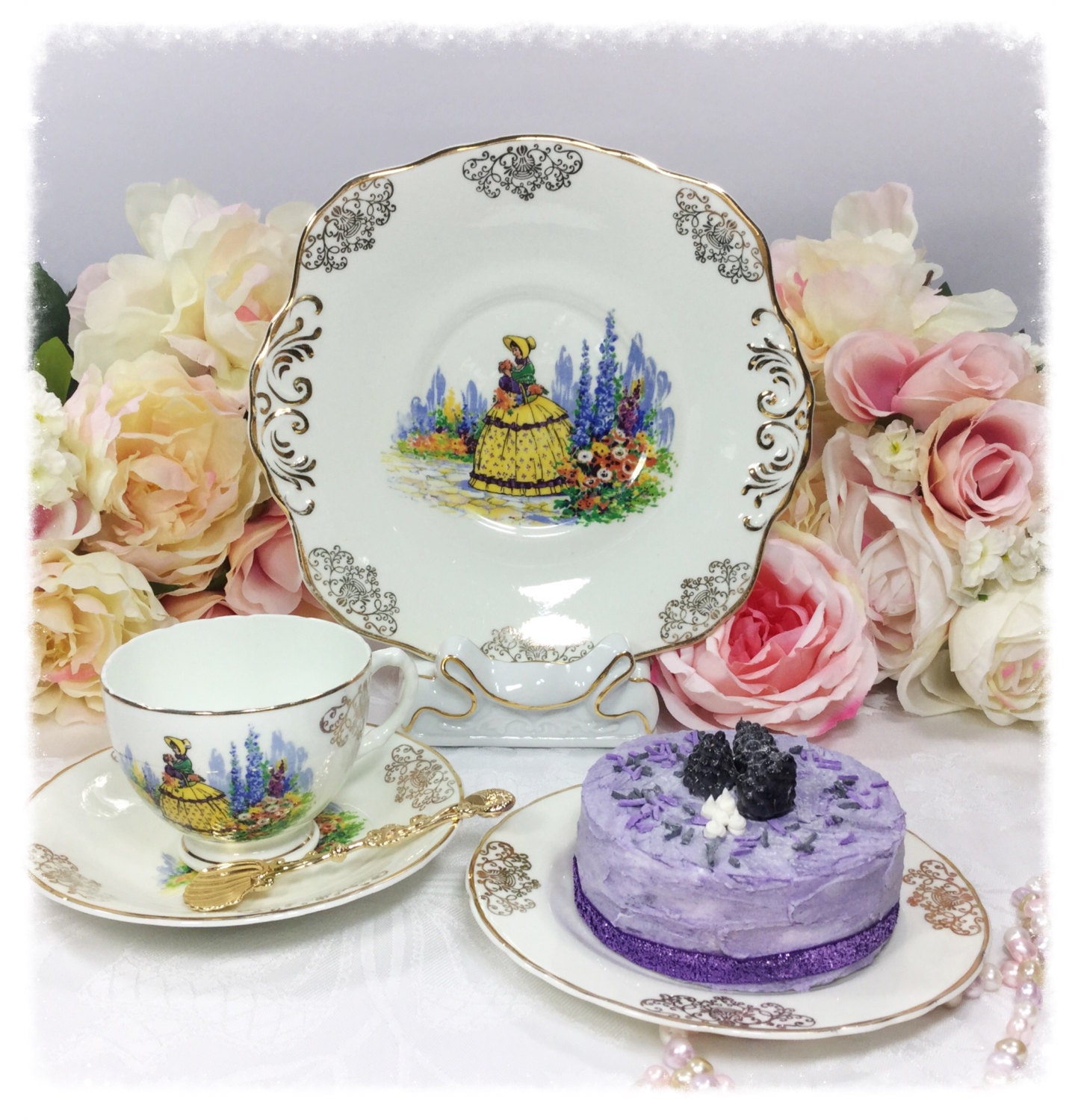 RESERVED- Crinoline Lady Gold Filigree Bone China English Cake Plate ...