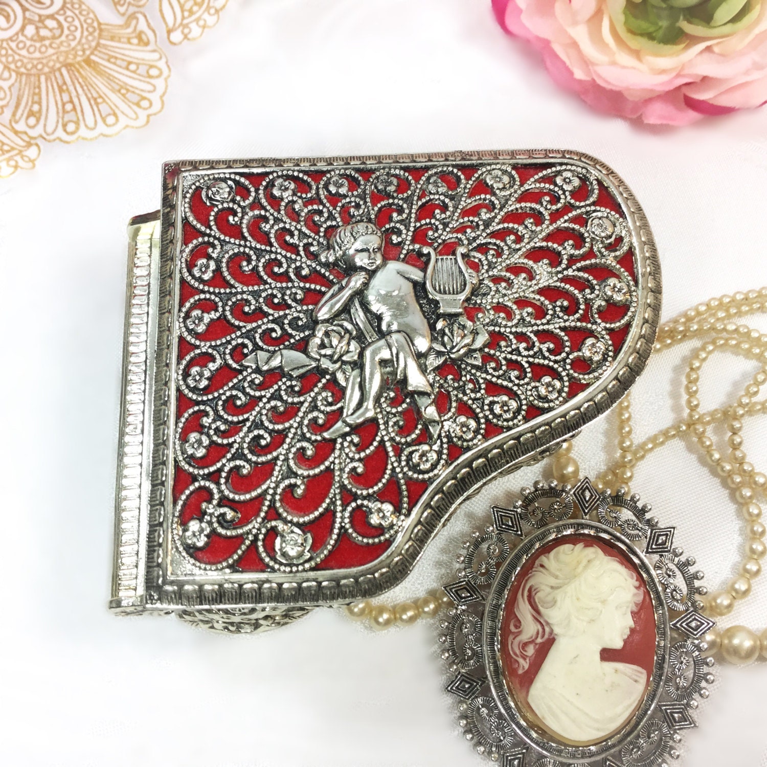 Silver Musical Cherub Piano Trinket Box, Silver Filigree Musical Box ...