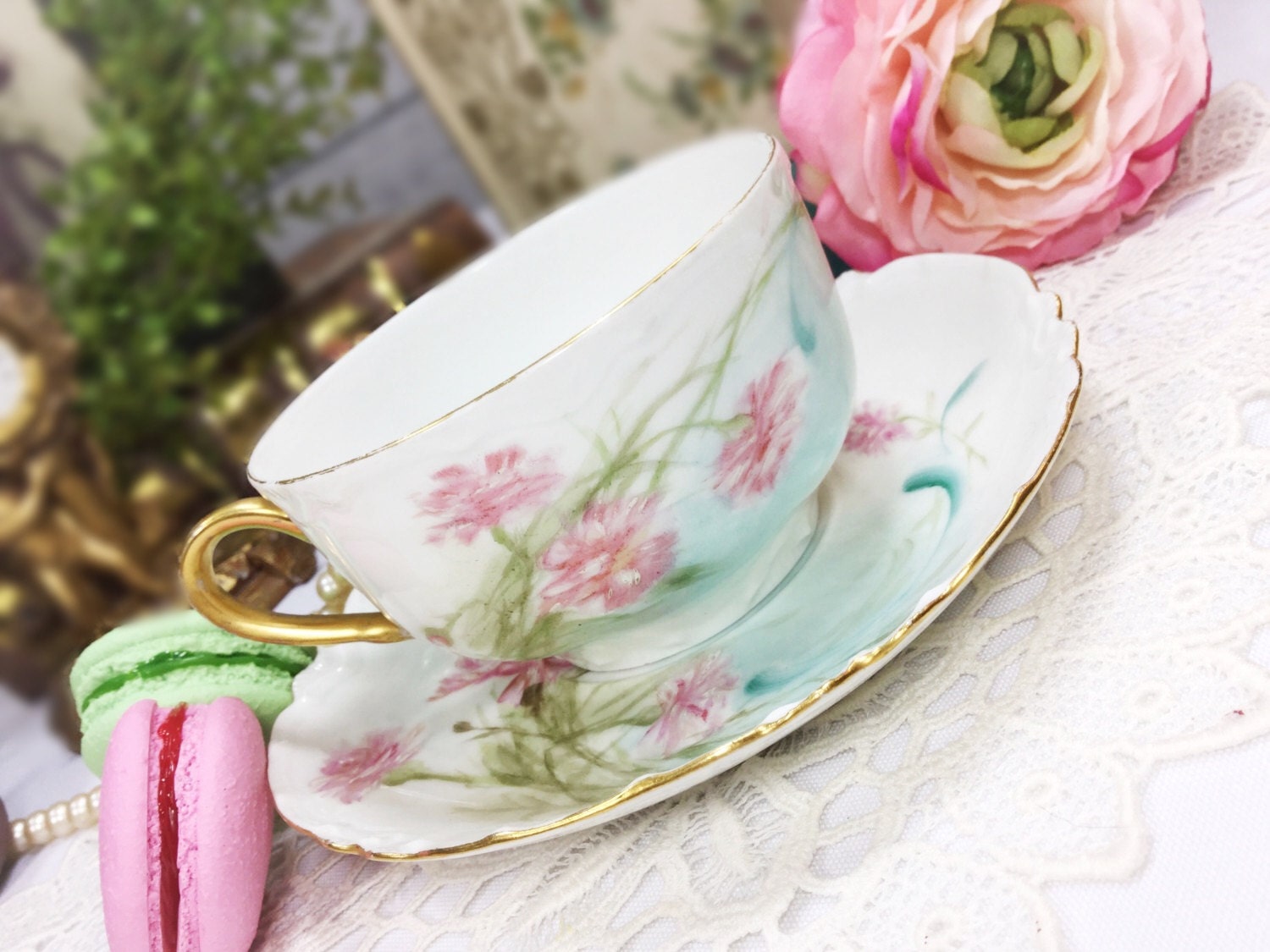 Handpainted H & C Floral French Tea Cup and Saucer, Gilt, For Wedding ...