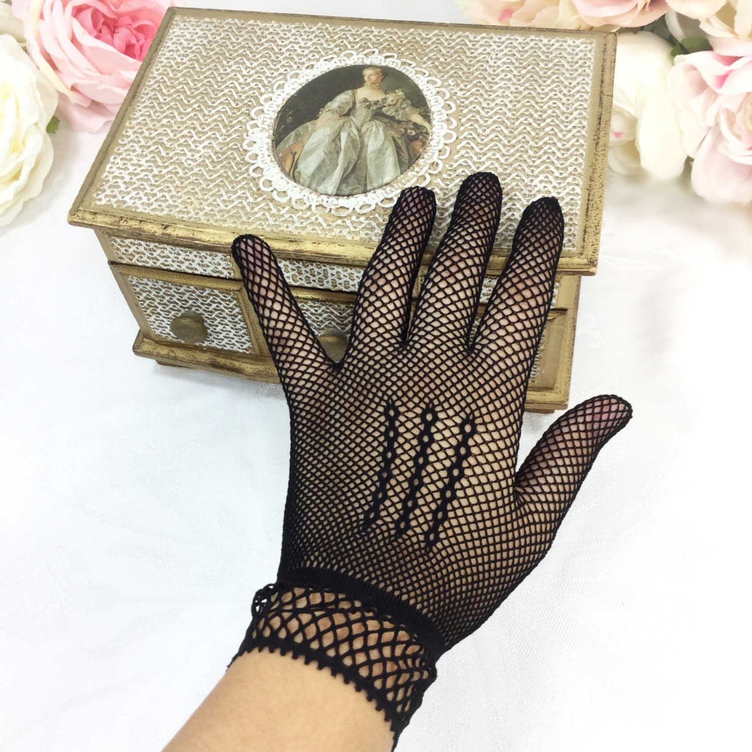 Charming Black Fishnet Ladies Wrist Length Perfect for Wedding, Tea ...