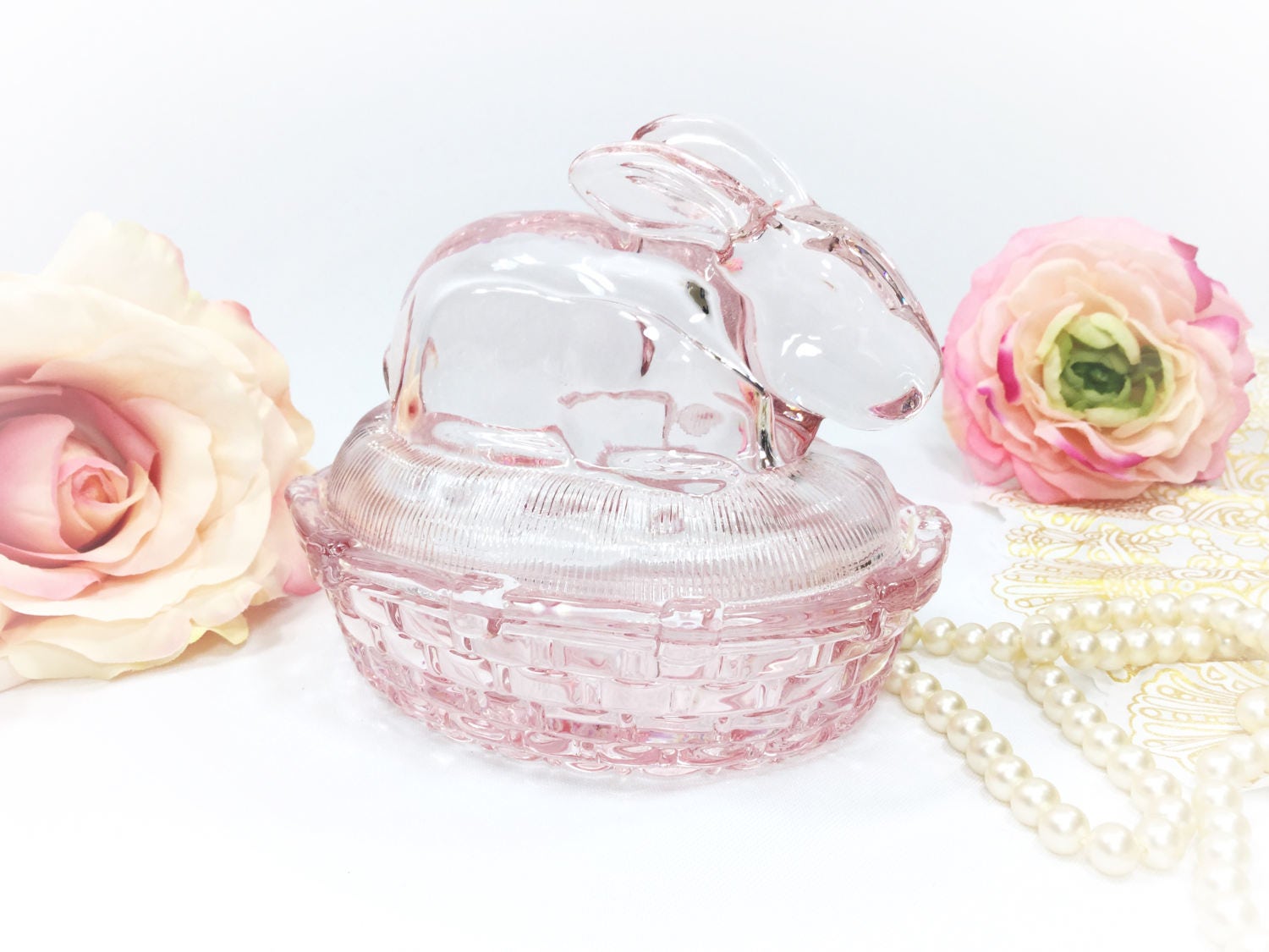 Pink Bunny Glass Jar, Pink Glass Rabbit Jar, Pink Bunny Trinket Jar ...