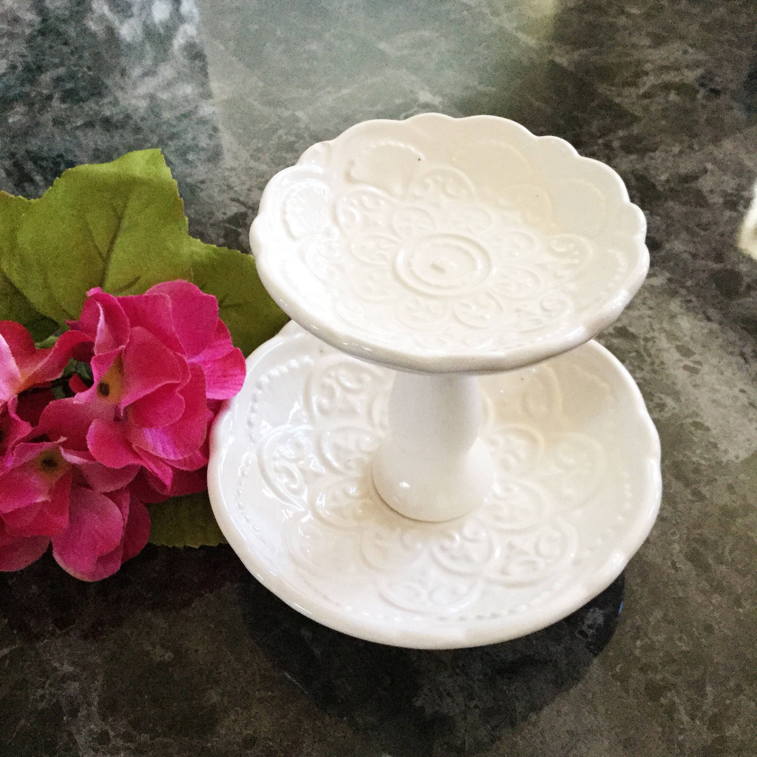 White 2 Tier Server, 2 Tier Jewelry Dish, Tid Bit Dish, Jewlery ...