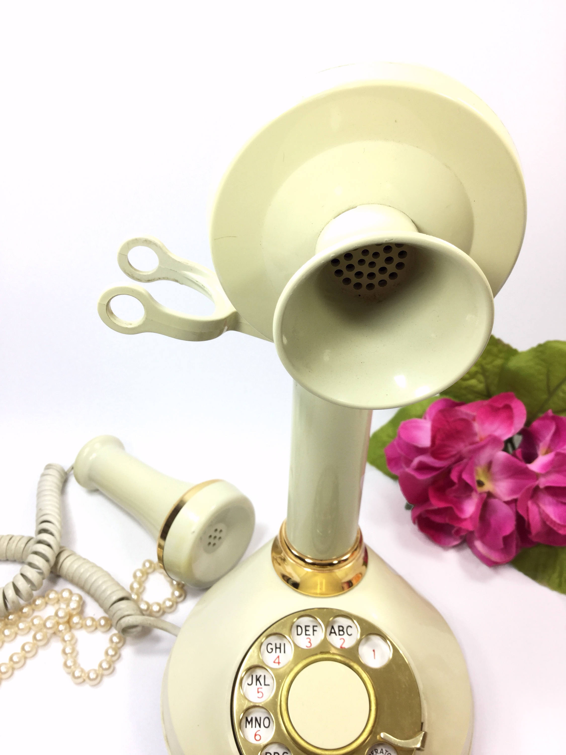 Antique Style Candlestick Telephone, Cream & Gold Candlestick Rotary ...