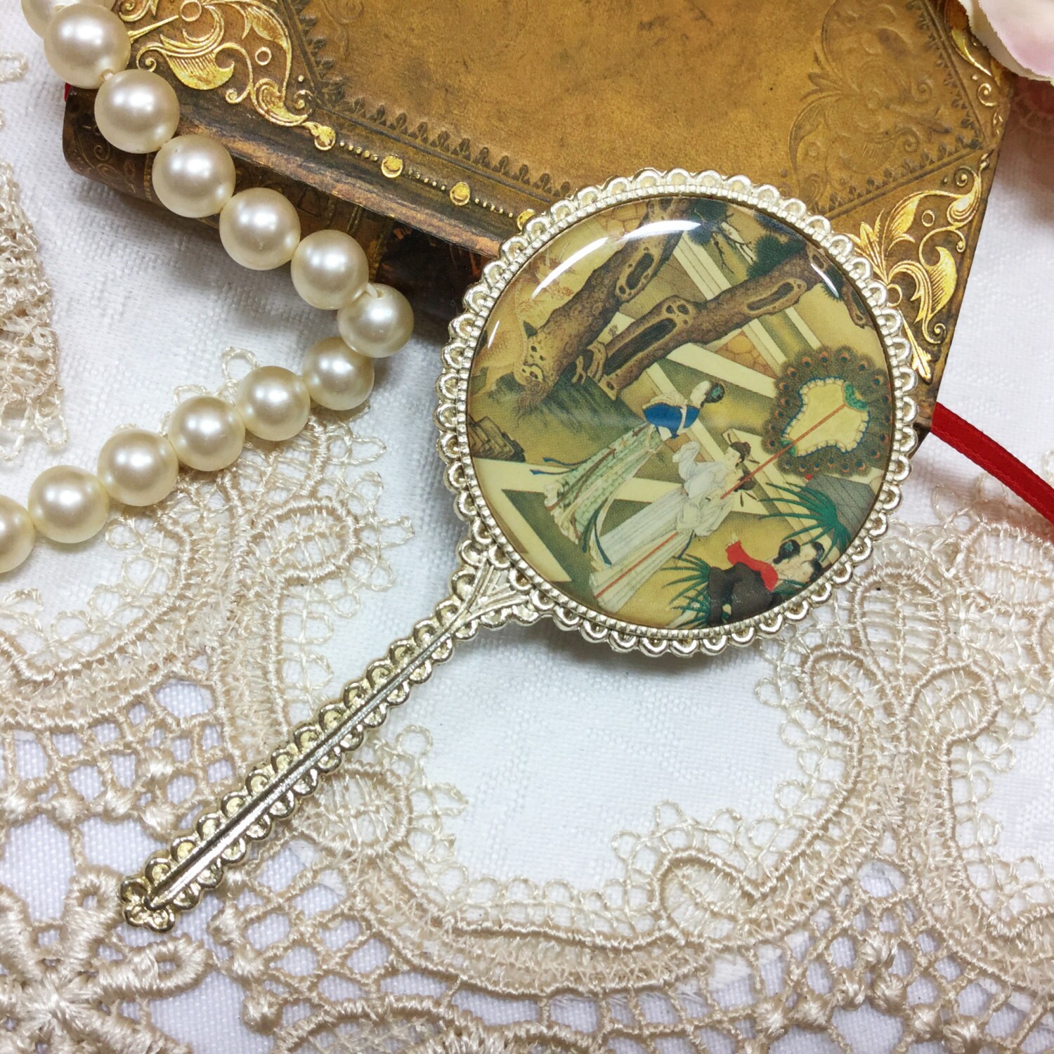 Mini Hand Mirror Oriental Scene, Miniture Hand Mirror With Draw String ...