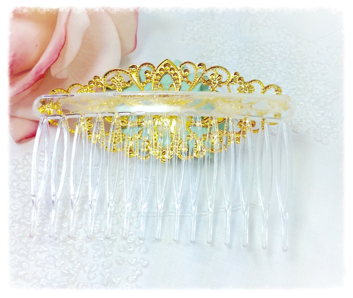 Mint Green Rose Acrylic Gold Hair Comb Pin For Valentines, Mothers Day ...