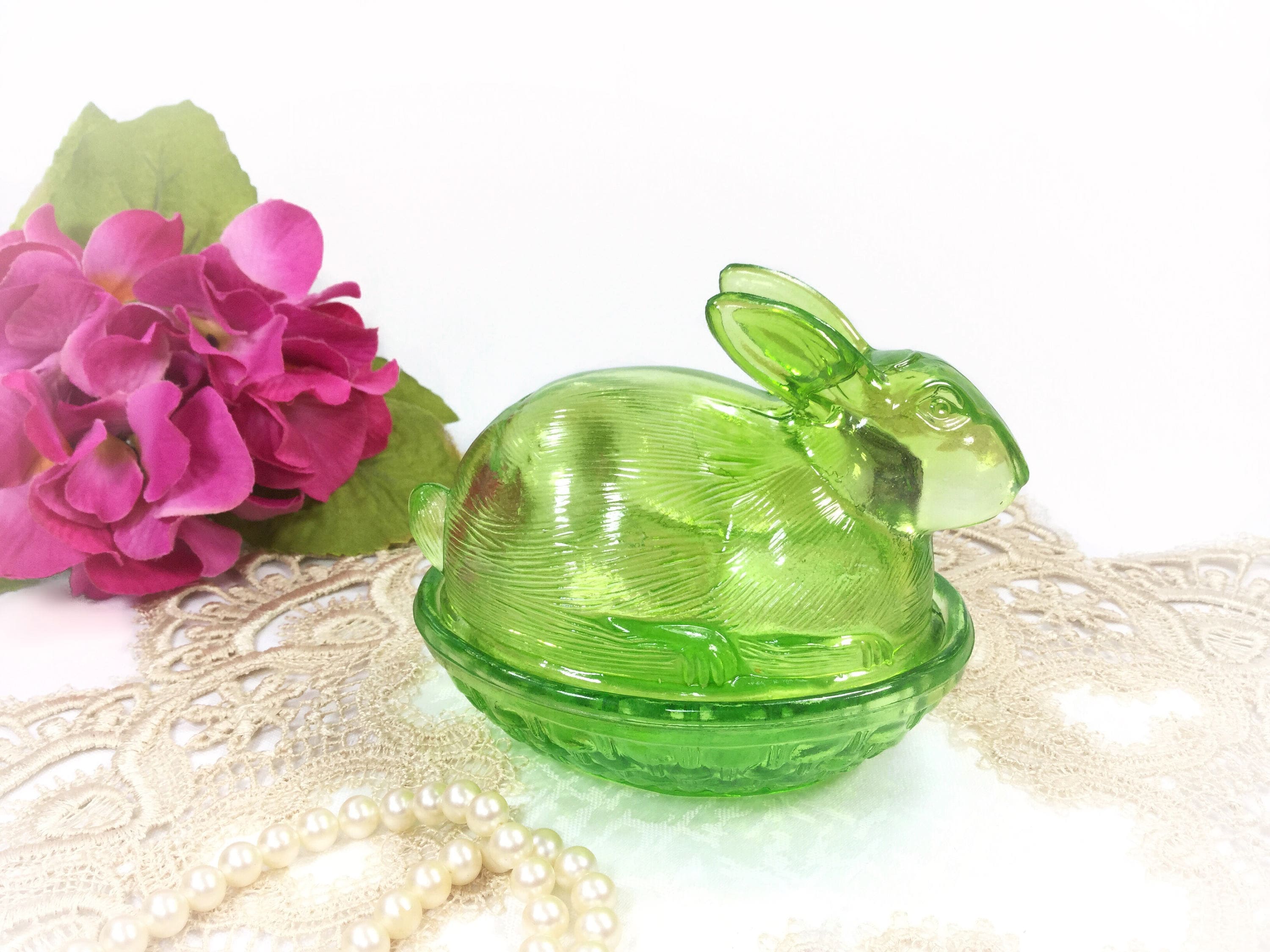 Green Bunny Depression Glass Jar, Green Glass Rabbit Jar, Powder Jar ...