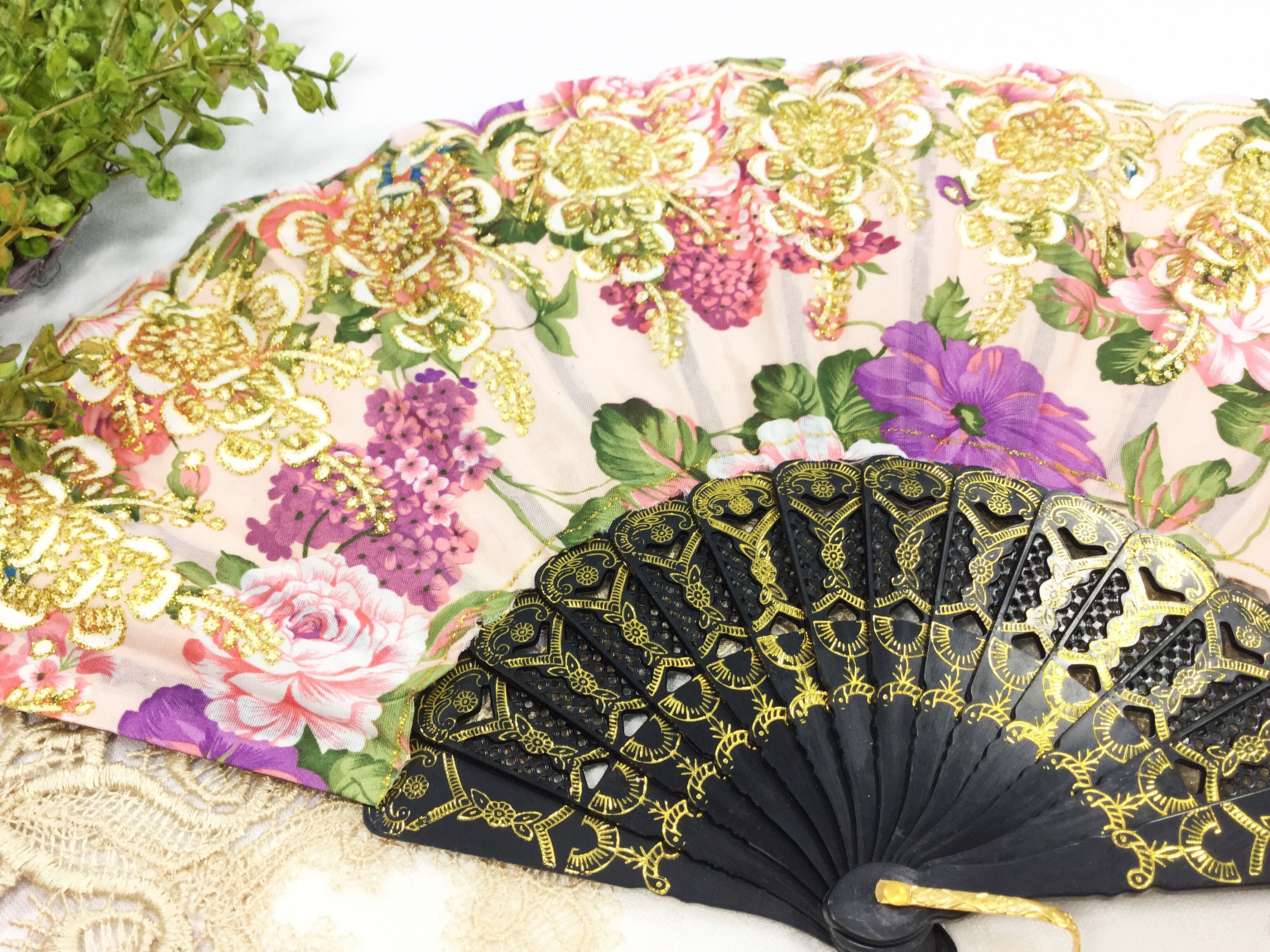 Pink & Purple Floral Folding Fan, Pink Hand Fan For Weddings, Dress up ...