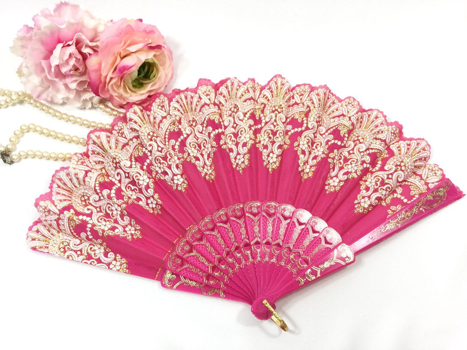Dark Pink & Gold Spanish Floral Folding Fan, Dark Pink Hand Fan For ...