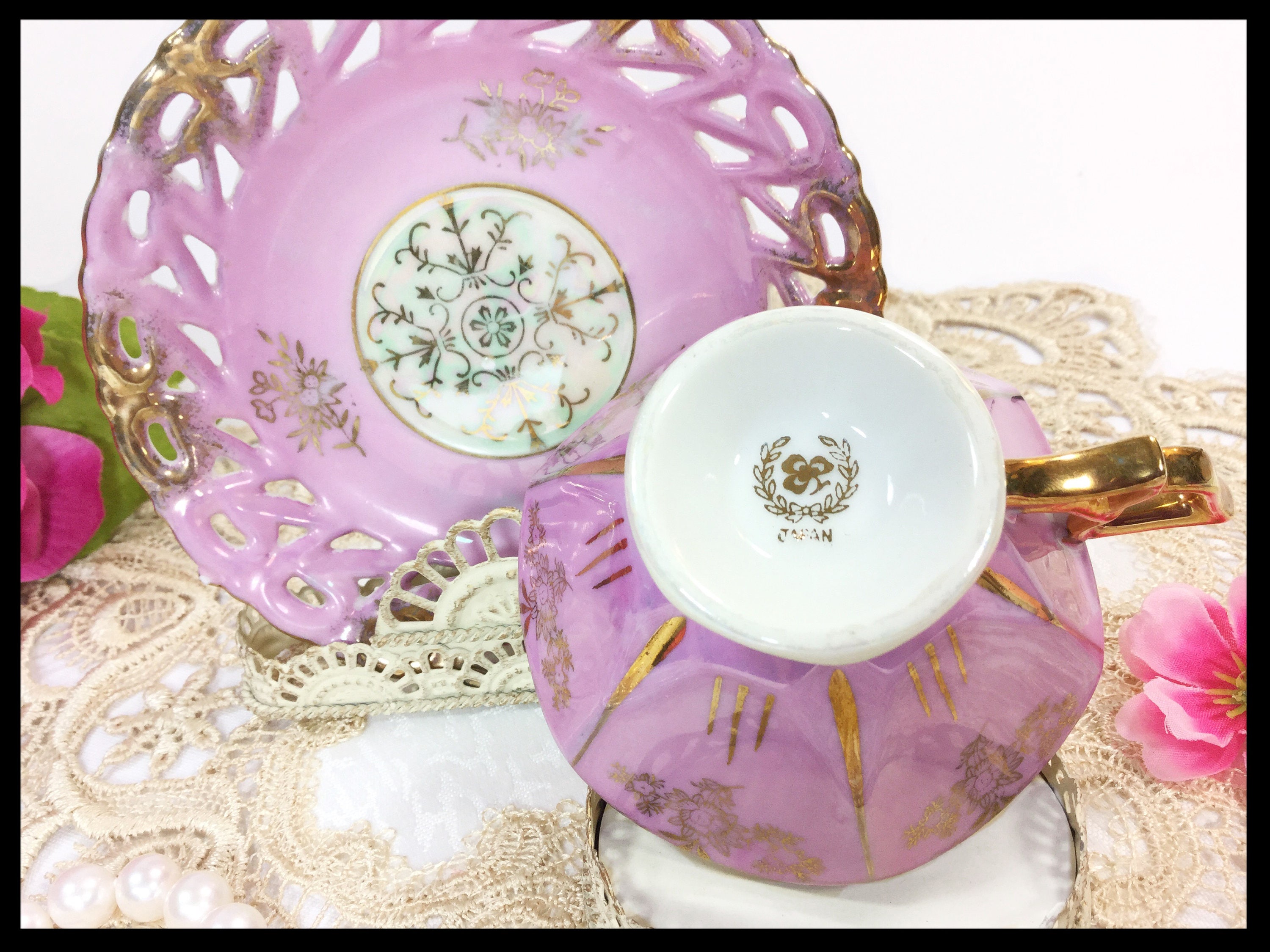 Beautiful Vintage Pink Lusterware Footed Cup & Reticulated Saucer, Pink ...