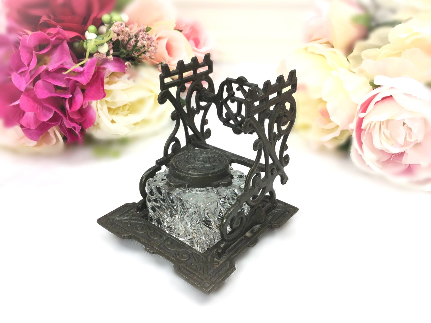 Antique Tatum's Standard Glass Cast Iron Inkwell, Cast Iron Stand W ...