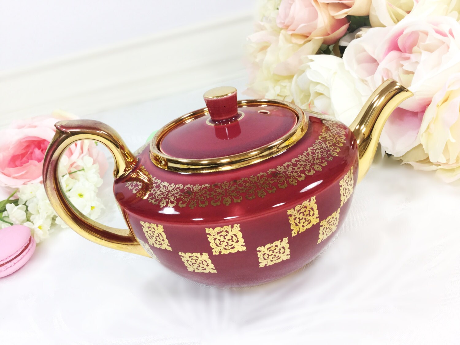Maroon Sudlow's Burslem Gold Filigree Teapot For Tea Party, Wedding ...