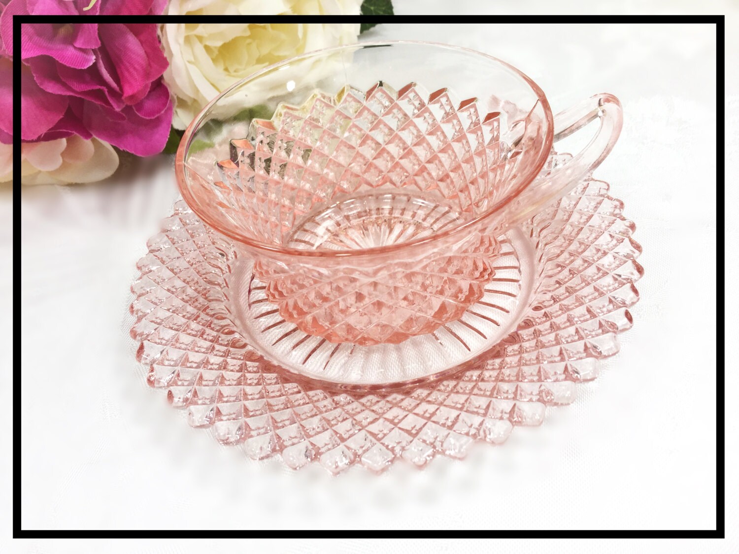 Set of 4 Miss America Diamond Cut Pink Depression Glass Tea Cups and ...