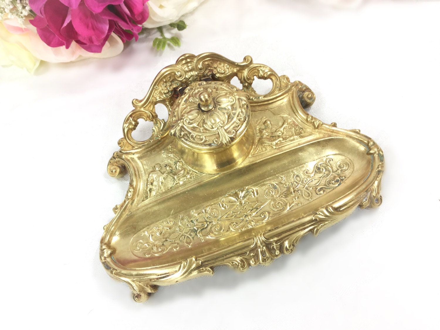 Ornate Brass Victorian Inkwell W/ Pen Tray, Victorian Inkwell for Dip ...