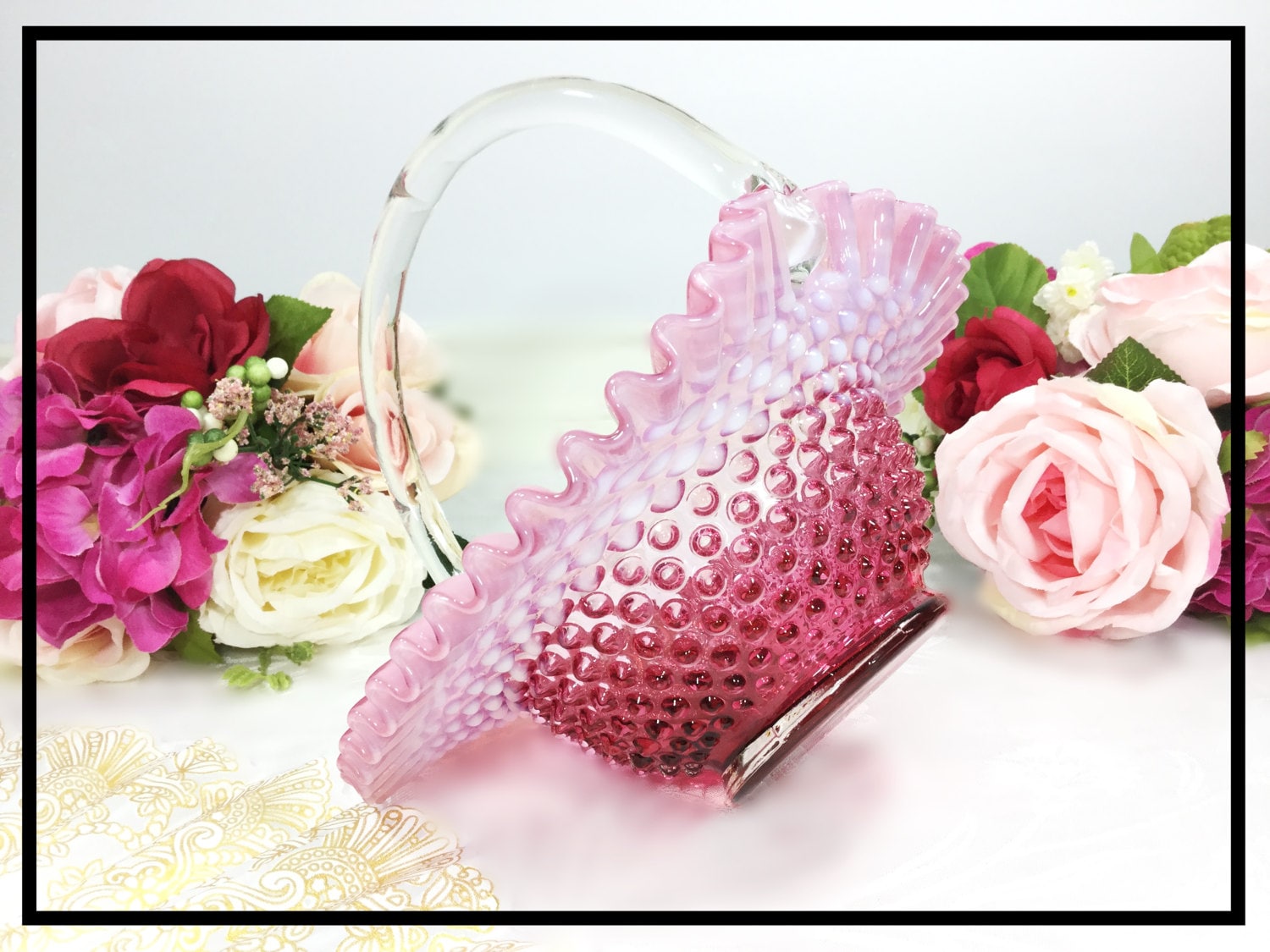 Signed Fenton Mid Century Pink Hobnail Brides Basket, Pink Fenton ...