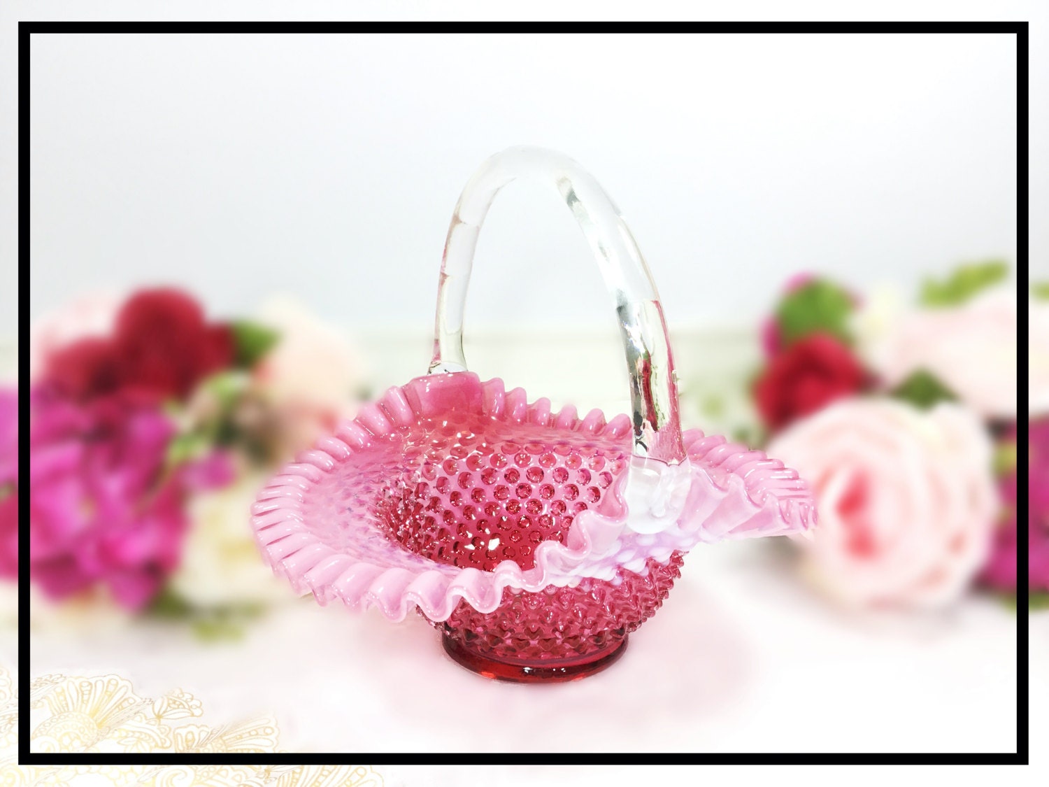 Signed Fenton Mid Century Pink Hobnail Brides Basket, Pink Fenton ...