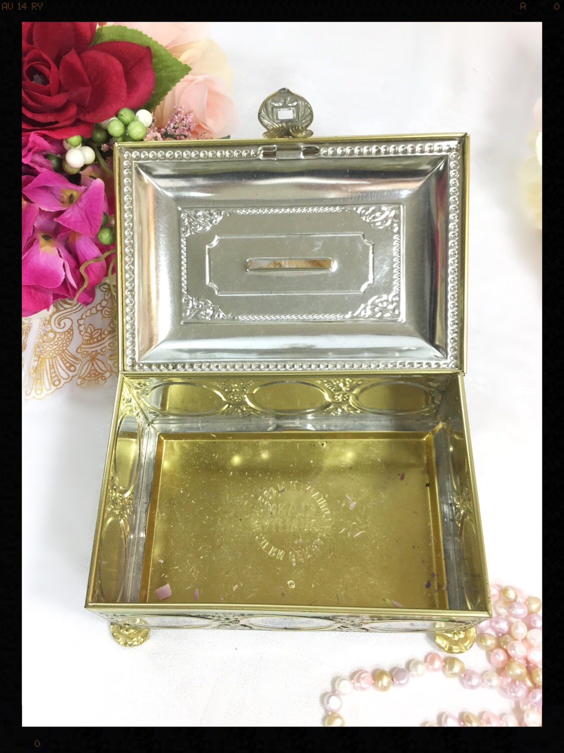 German Tin Floral Trinket Box, German Green Jewlery Box, Ring Box ...