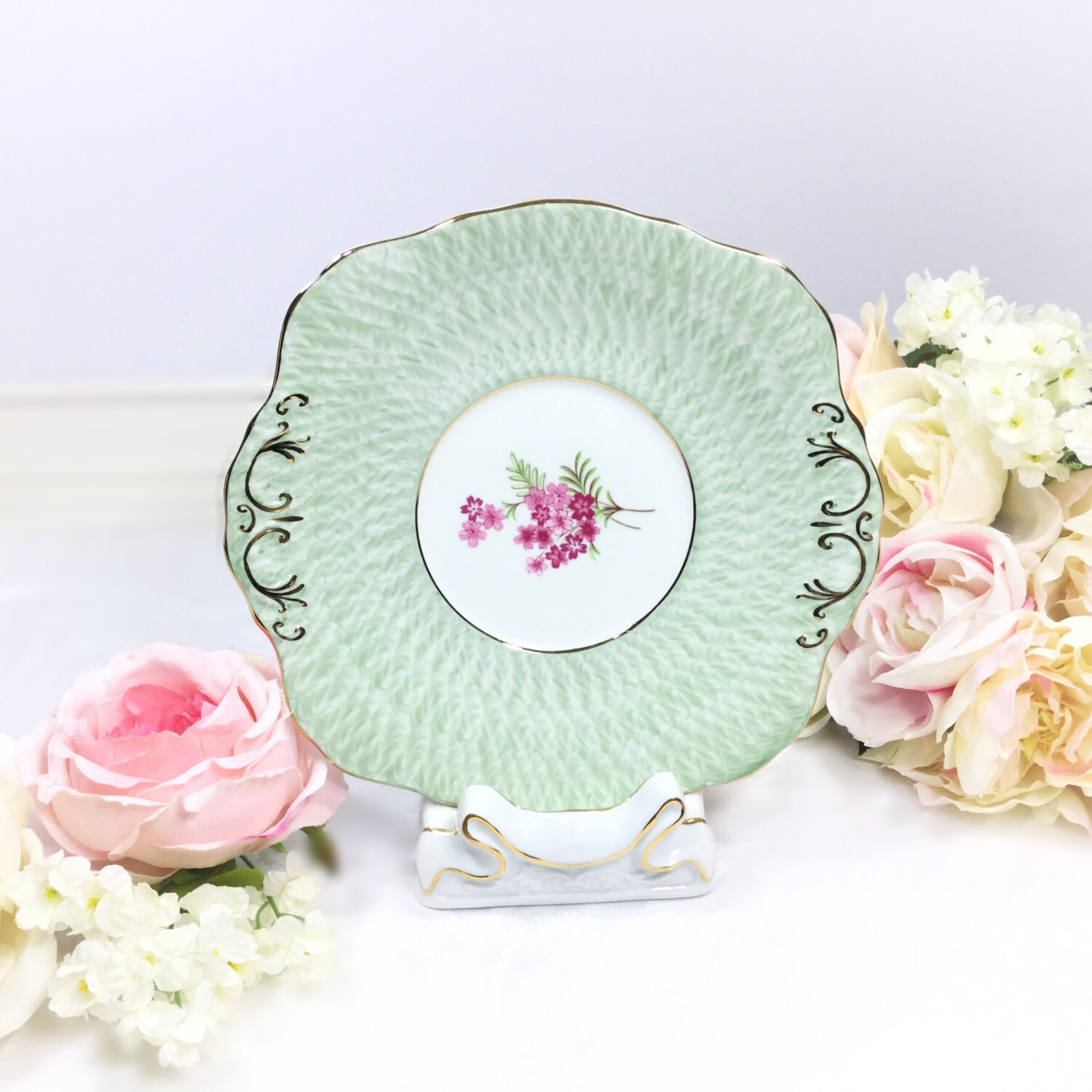 Dakin Pink Floral Gilt Bone China English Cake Plate, Fine Bone China ...