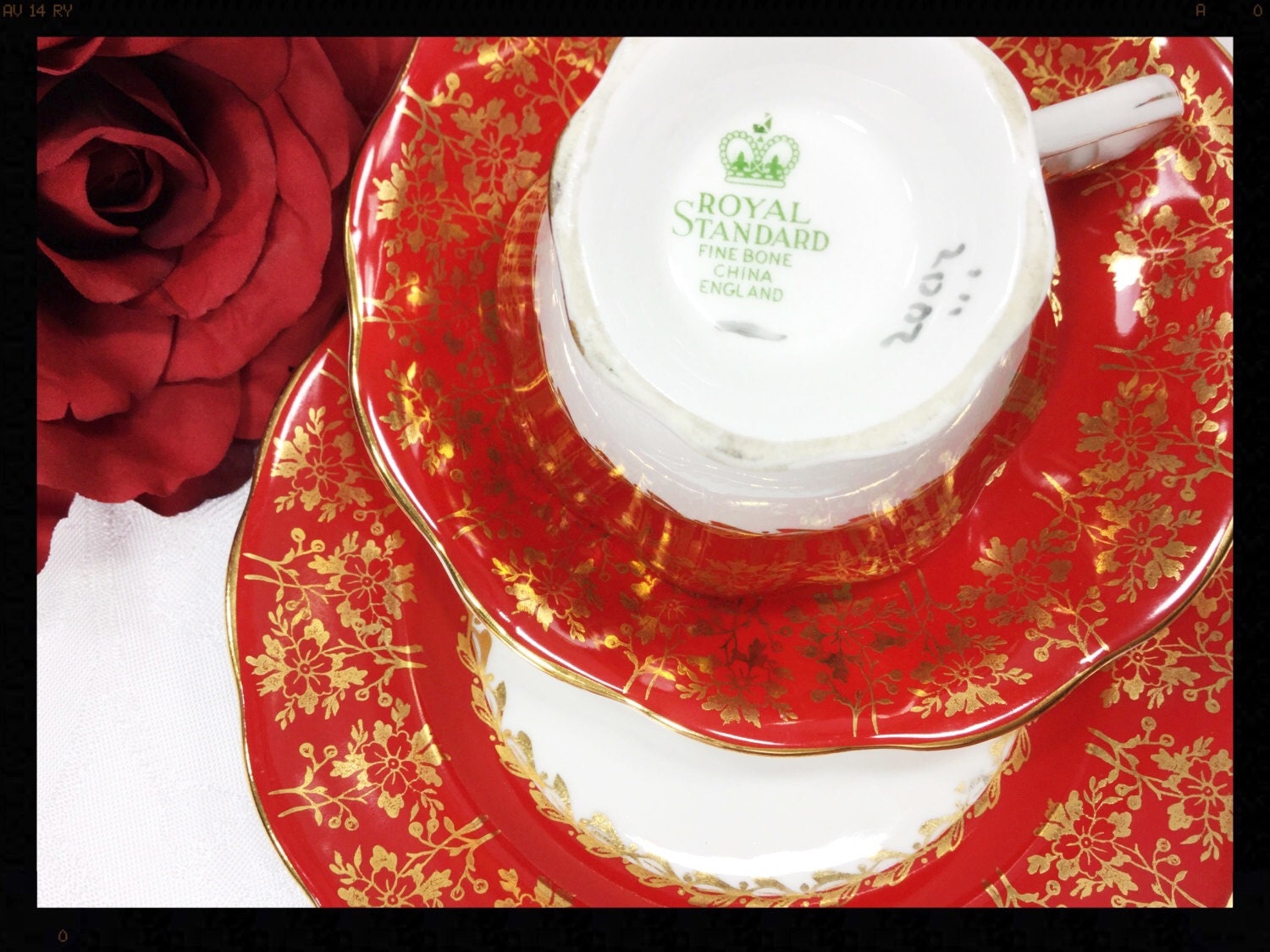 Royal Standard Red & Gold Floral English Tea Trio, Fine Bone China ...