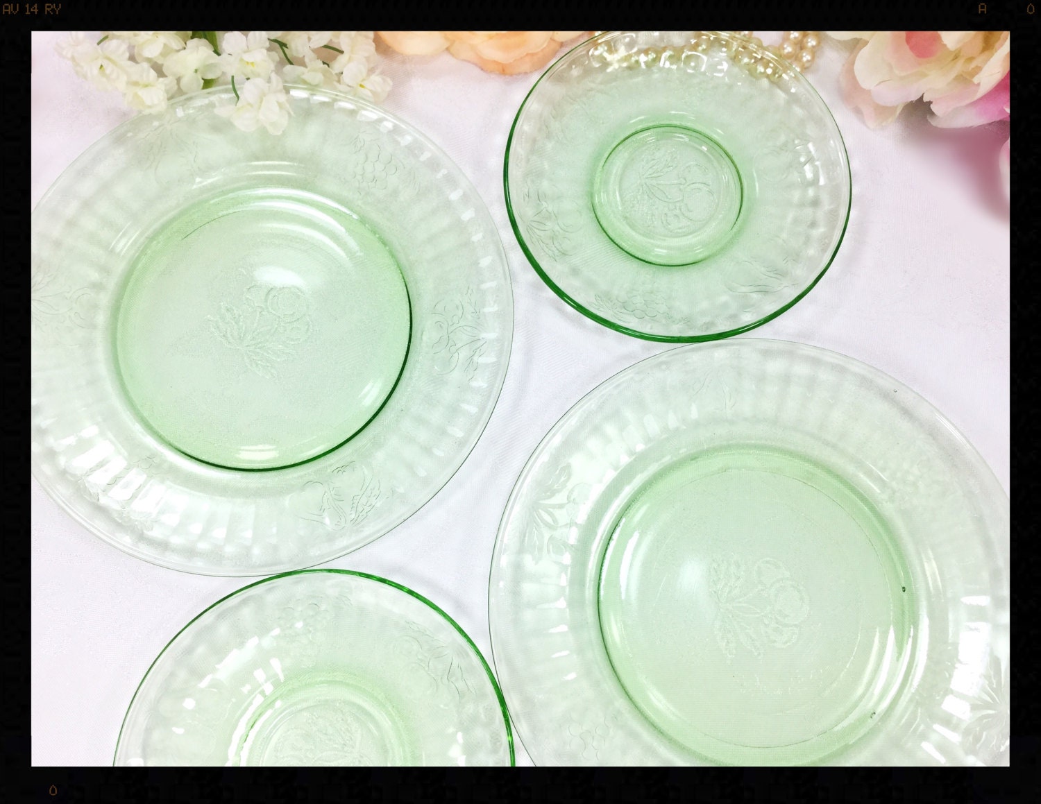 6 Green Depression Glass Plates, 4 Green Depression Glass Salad Plates ...